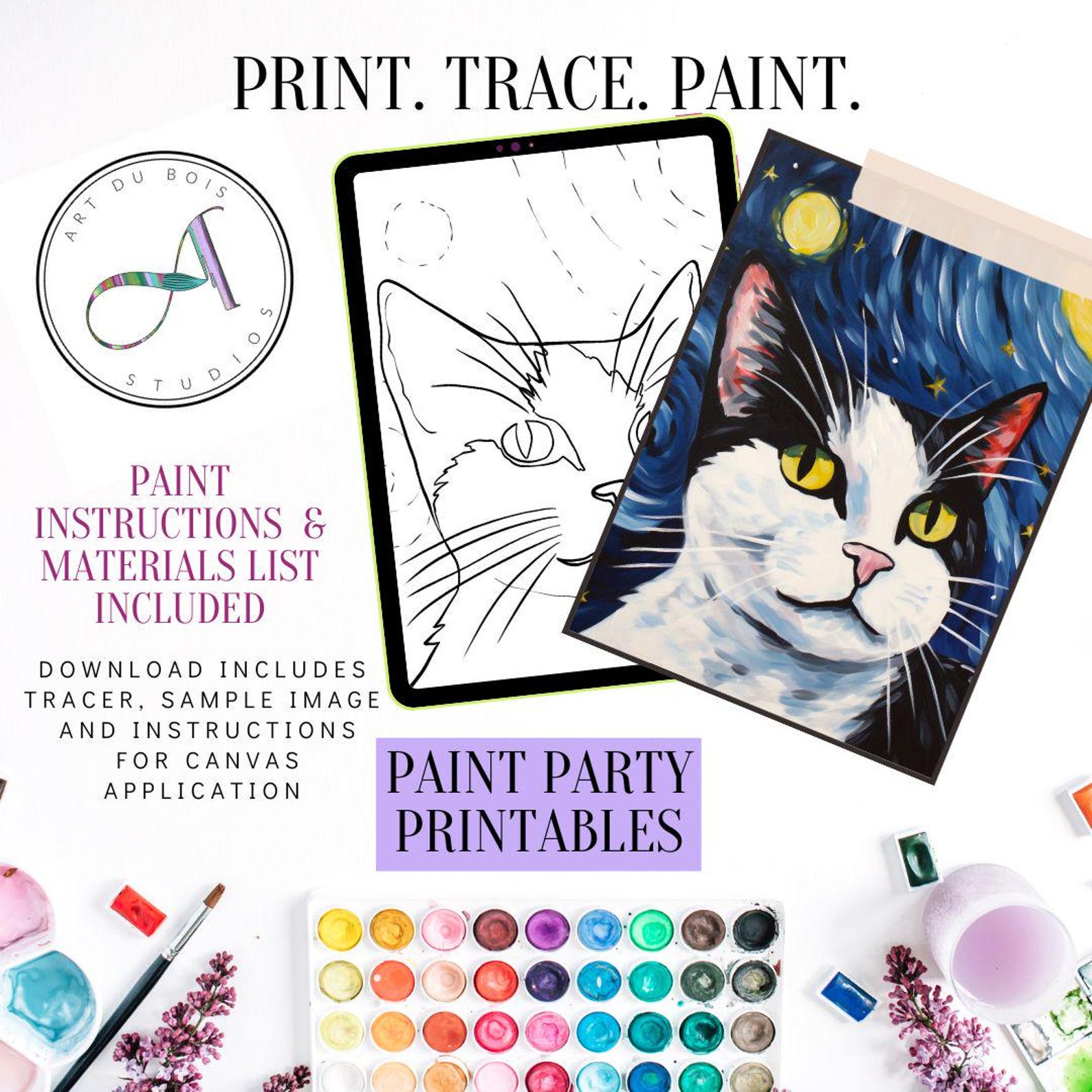 DIY Paint Party Printable,black and White Cat Night, Instant Download ...