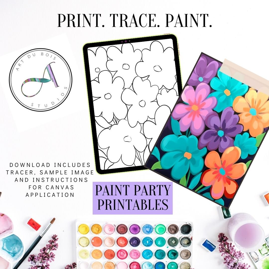 DIY Paint Party Printable, Pre-drawn Flowers, Instant Download, DIY ...