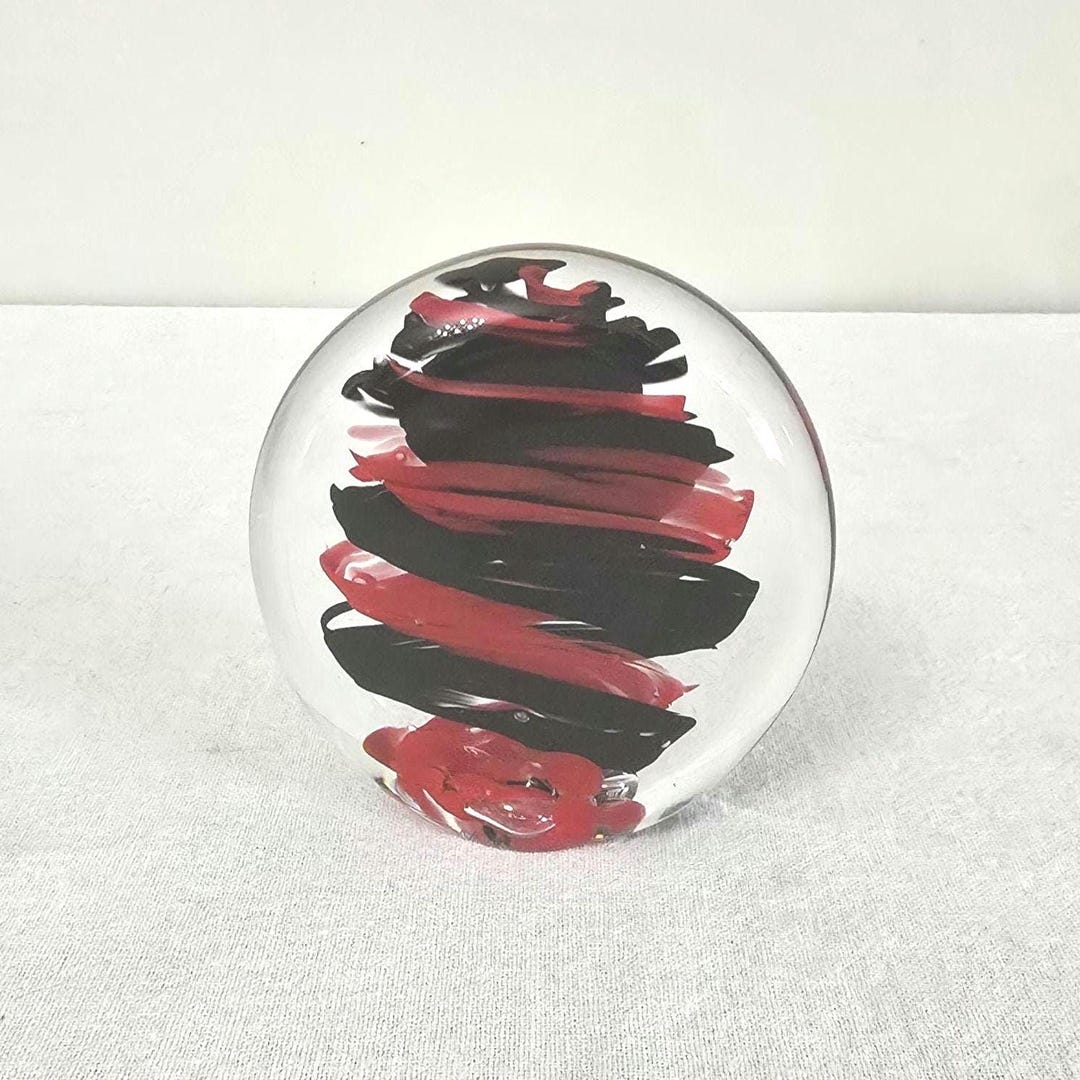 Vintage Studio Art Glass Disc Paperweight With Red and Black Swirl ...