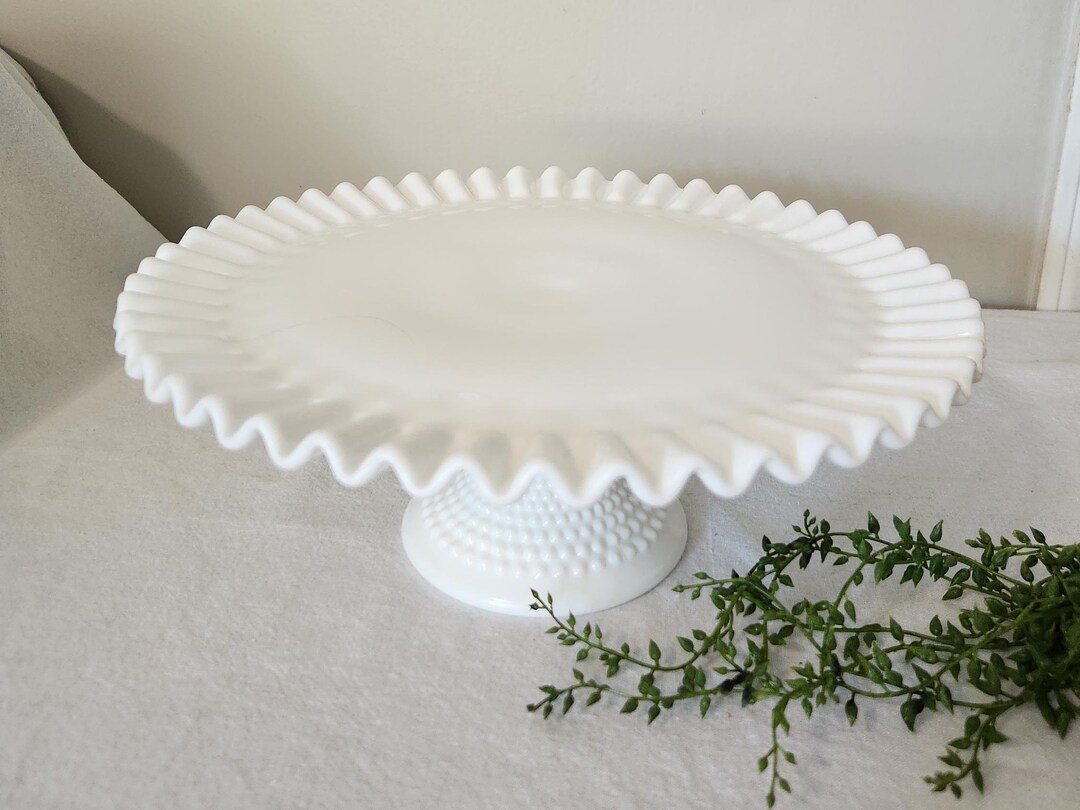Fenton White Milk Glass Hobnail Cake Stand Ruffled Edge - Etsy