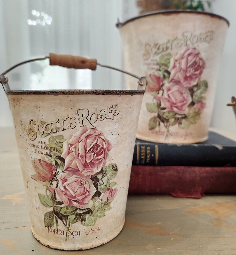 Vintage Set of 3 Metal Tin Pails With Handle Scott's Roses Shabby Chic ...