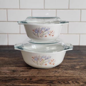 Vintage Pyrex England Blue Iris Casserole Dishes Set of 2 With Pyrex ...