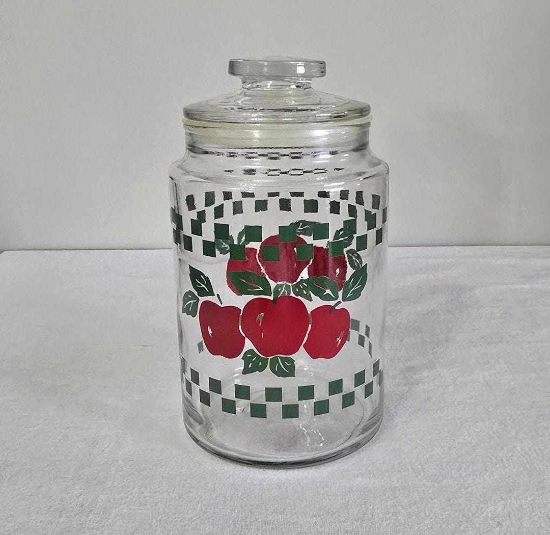Vintage Red Apple and Green Checkered Glass Jar Canister - Etsy