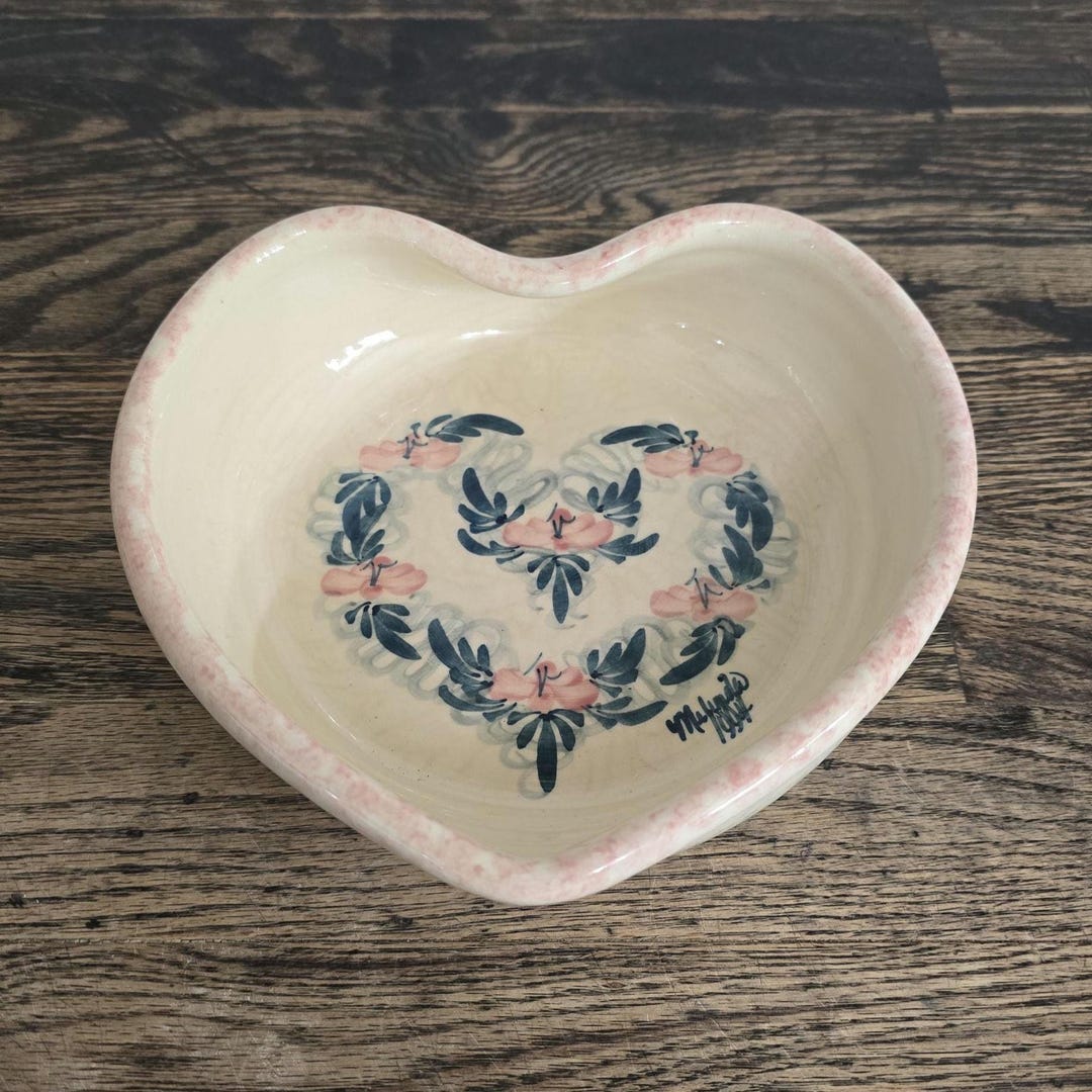 Vintage Ellis Pottery Pink Spongeware Heart Shaped Bowl, Marshall Texas ...
