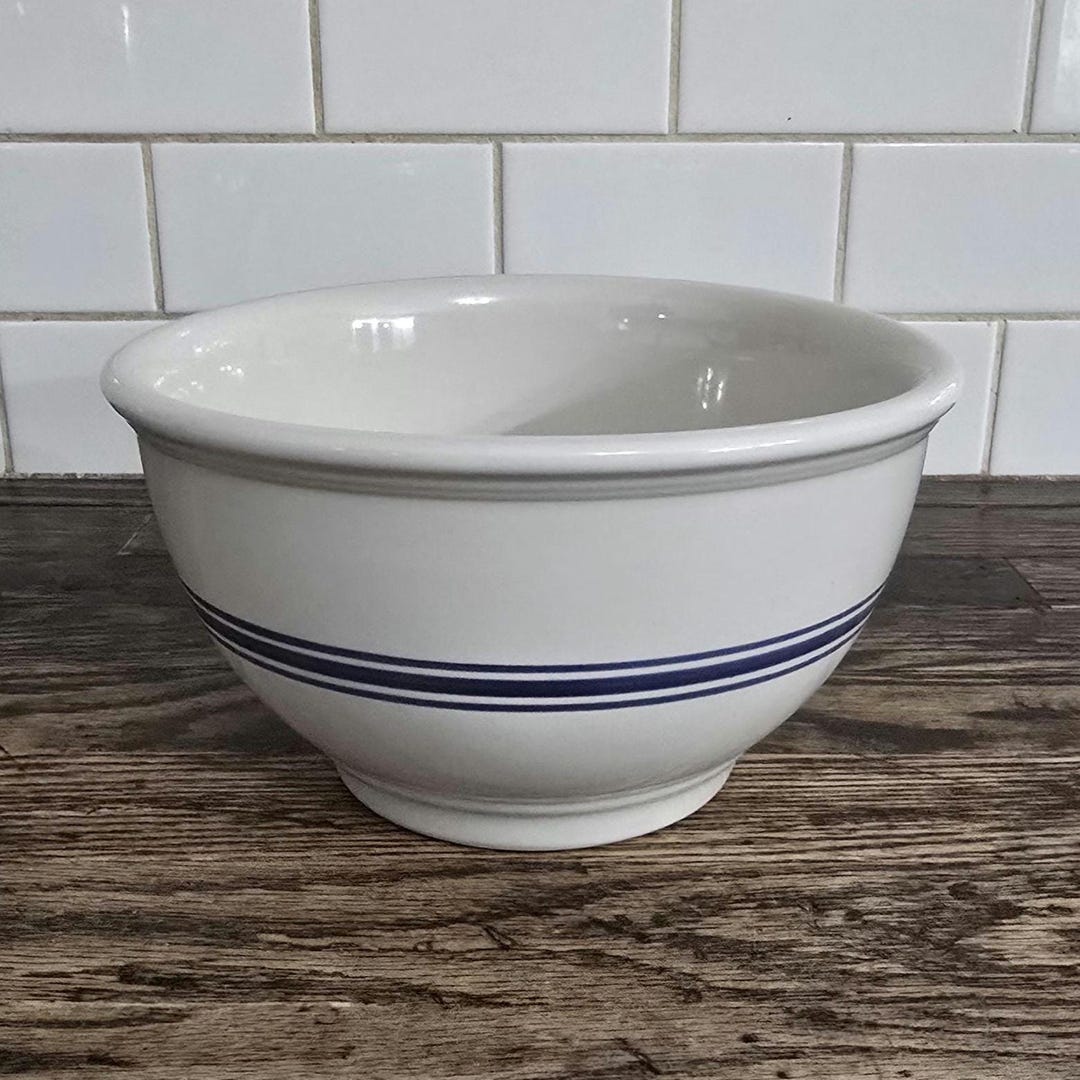 Vintage White Stoneware Mixing Bowl With Blue Stripes - Etsy