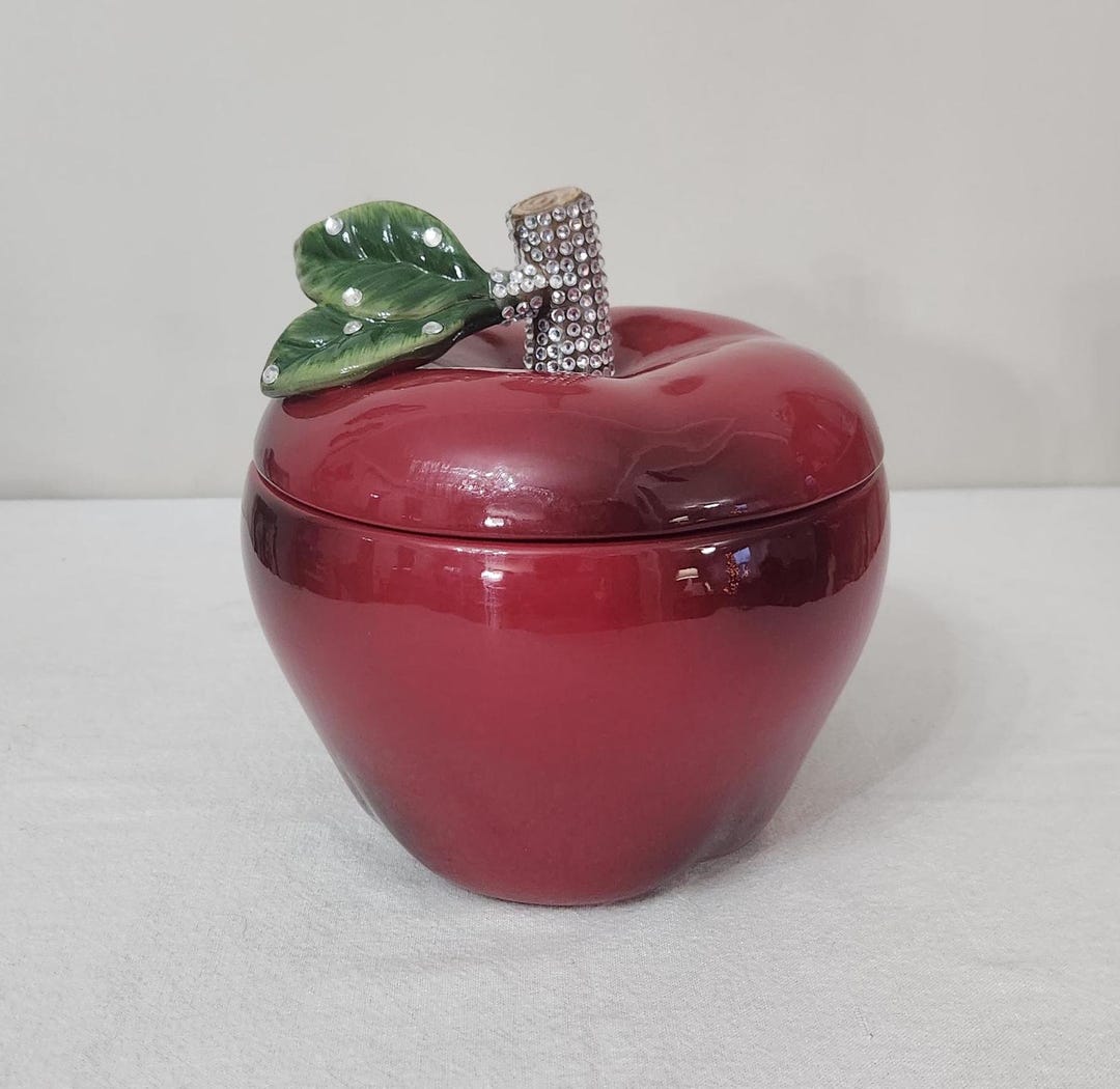 Red Ceramic Apple Cookie Jar With Rhinestone Embellished Stem and ...