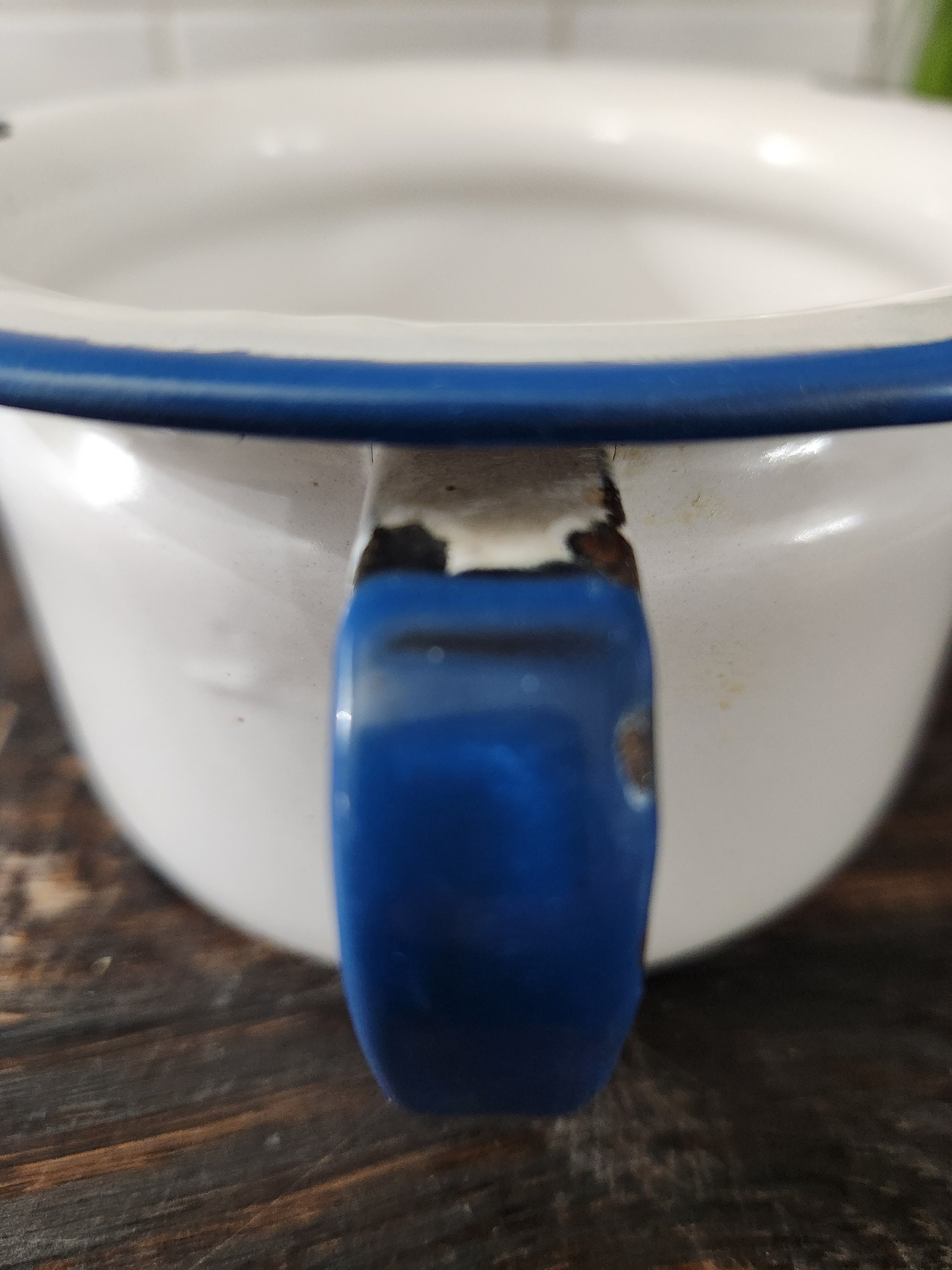 Vintage Enamelware Chamber Pot White With Blue Trim Small Chippy Enamel ...
