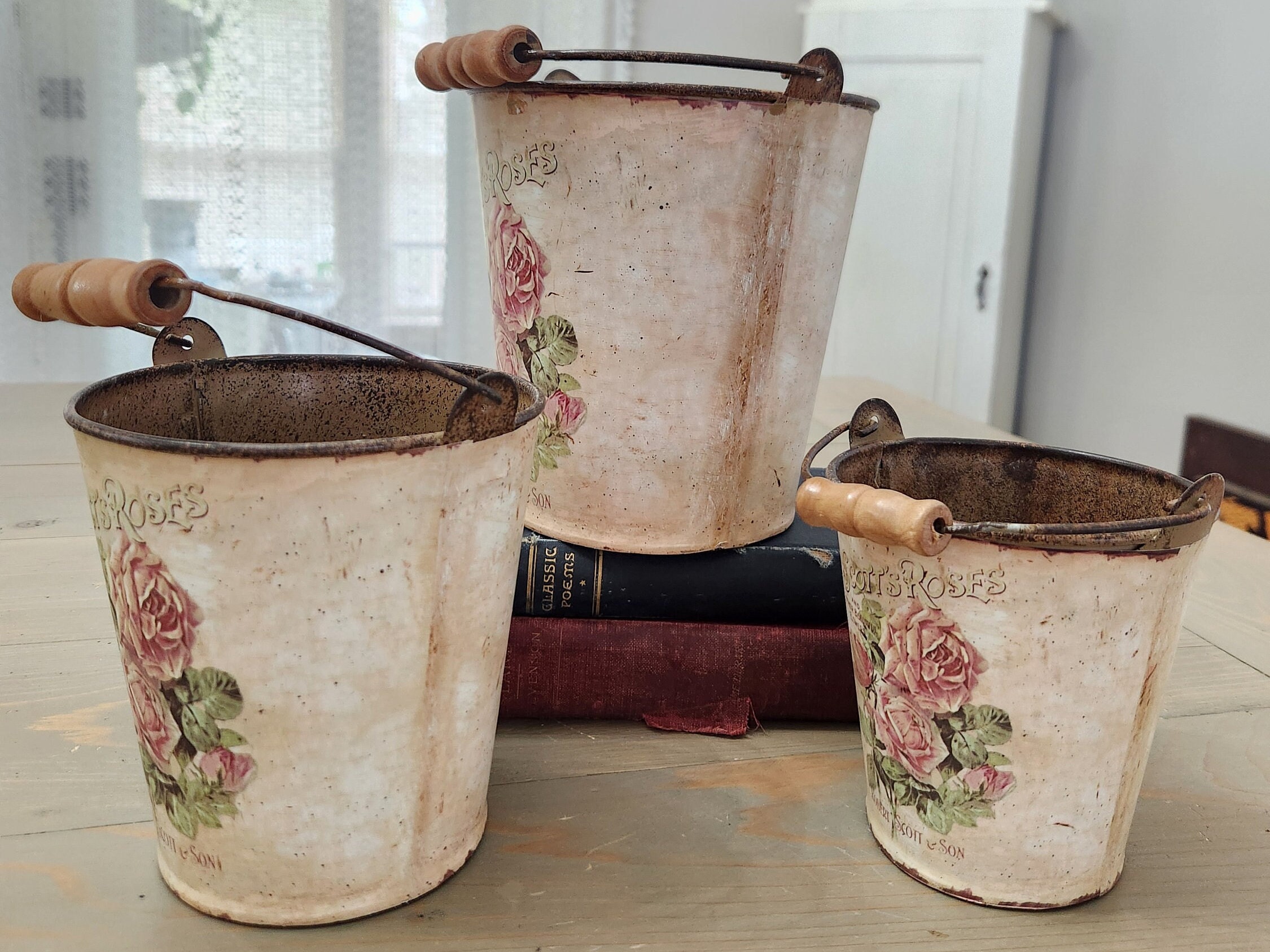 Vintage Set of 3 Metal Tin Pails With Handle Scott's Roses Shabby Chic ...