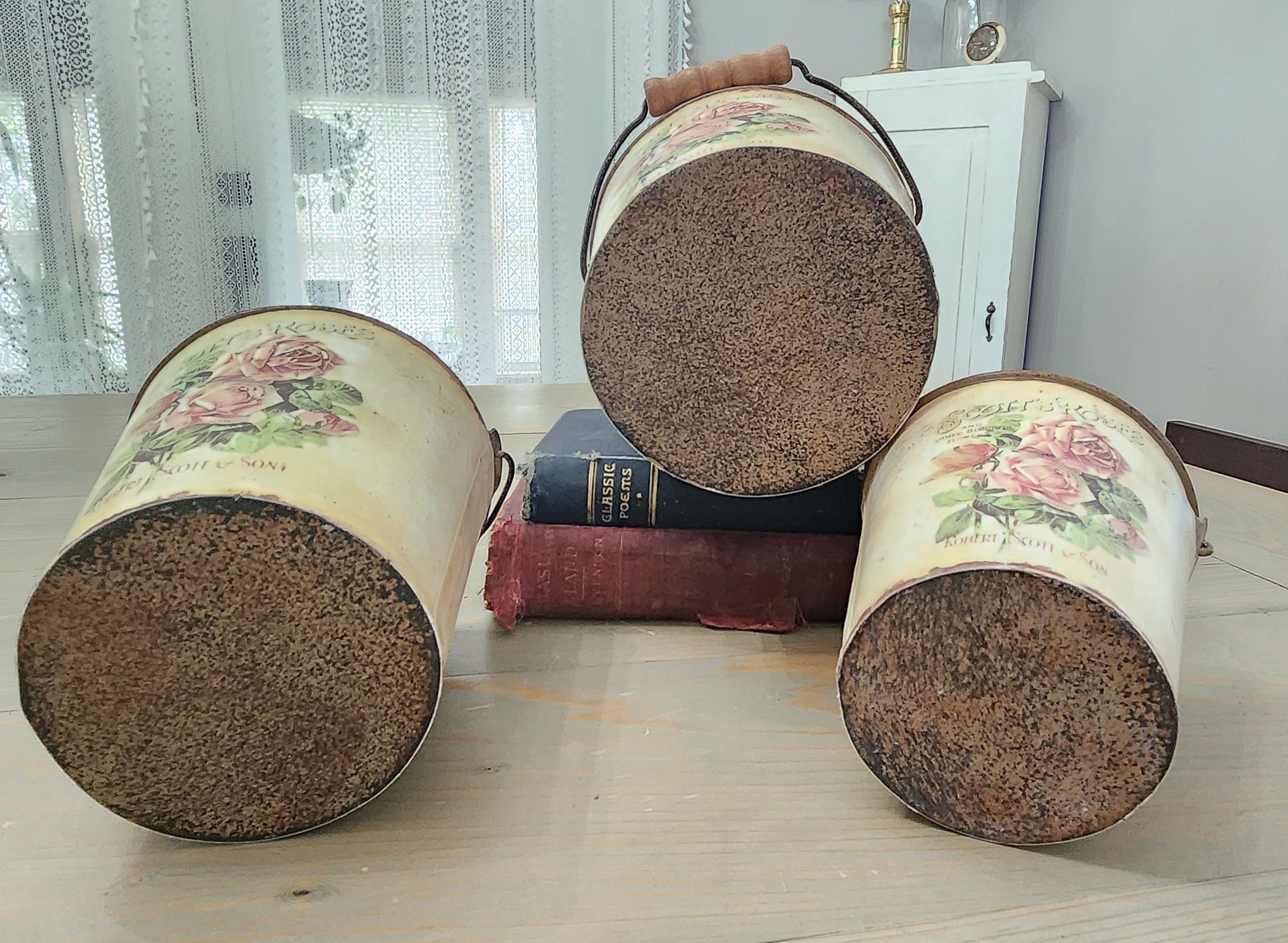 Vintage Set of 3 Metal Tin Pails With Handle Scott's Roses Shabby Chic ...