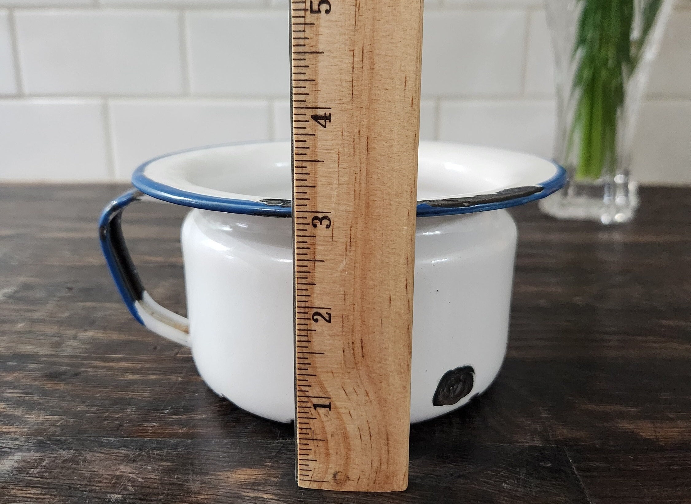 Vintage Enamelware Chamber Pot White With Blue Trim Small Chippy Enamel ...
