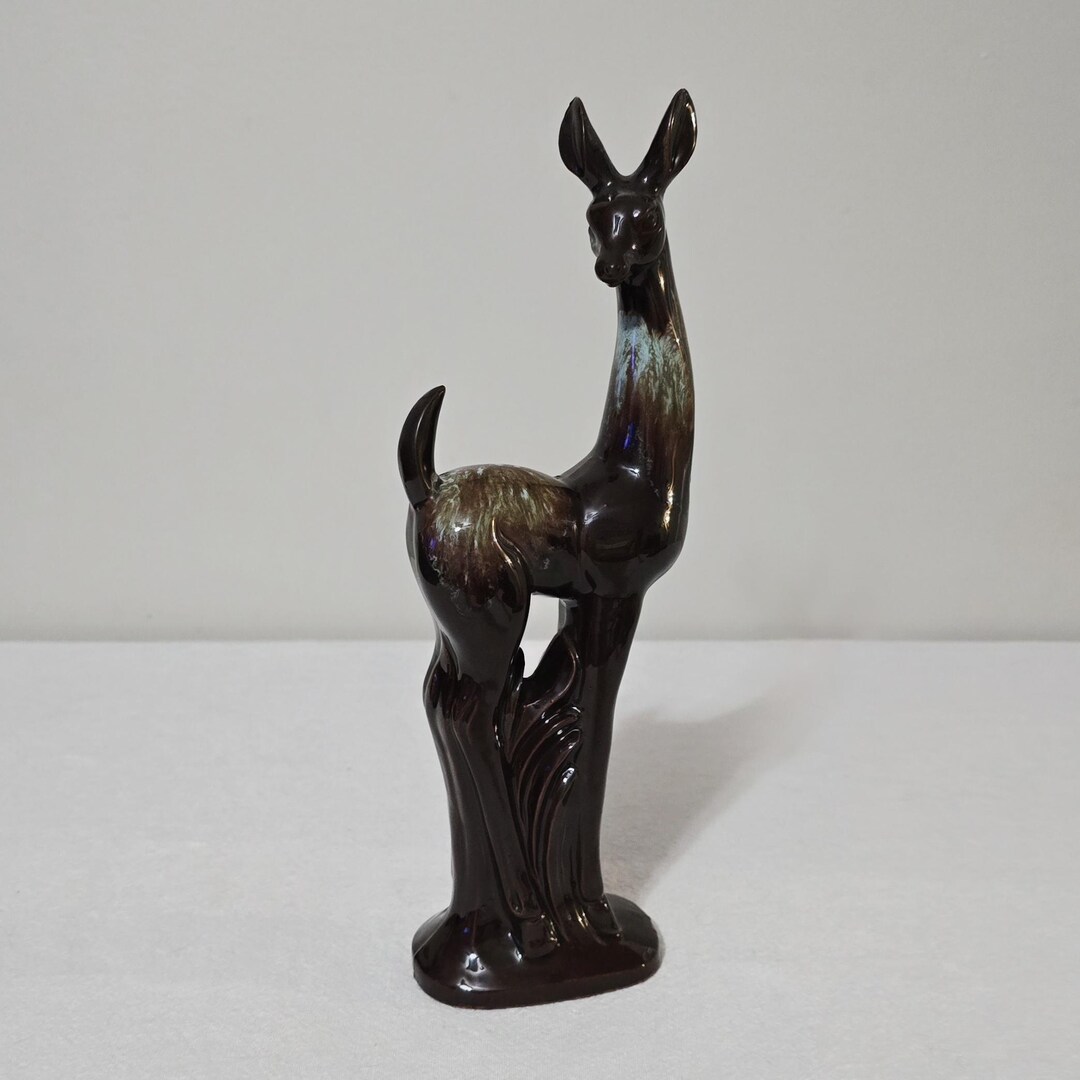 Vintage MCM Ceramic Deer Figurine, 11" Fawn Statue, Brown With Blue ...
