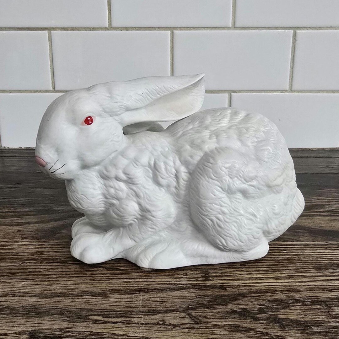 Vintage White Bisque Ceramic Rabbit Figurine, Red Eyed Bunny Easter ...