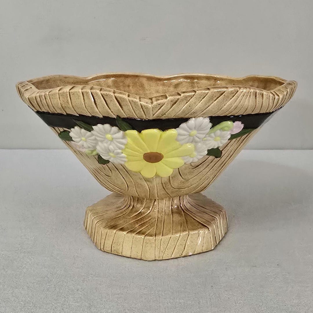 Vintage Atlantic Mold Daisy Pedestal Bowl, Embossed Ceramic Centerpiece ...