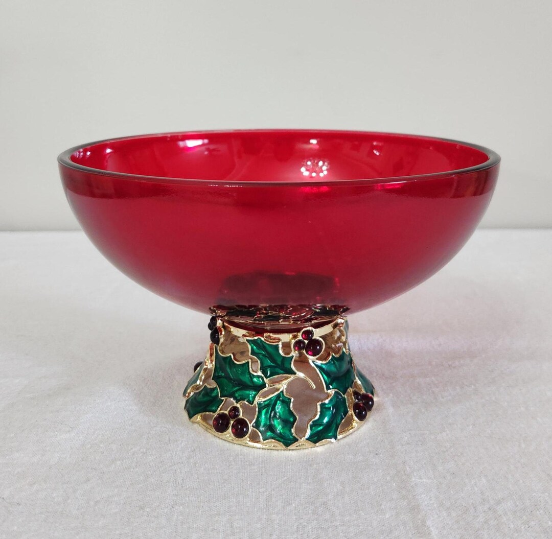 Vintage Teleflora Red Glass Centerpiece Bowl With Holly Berry Base - Etsy