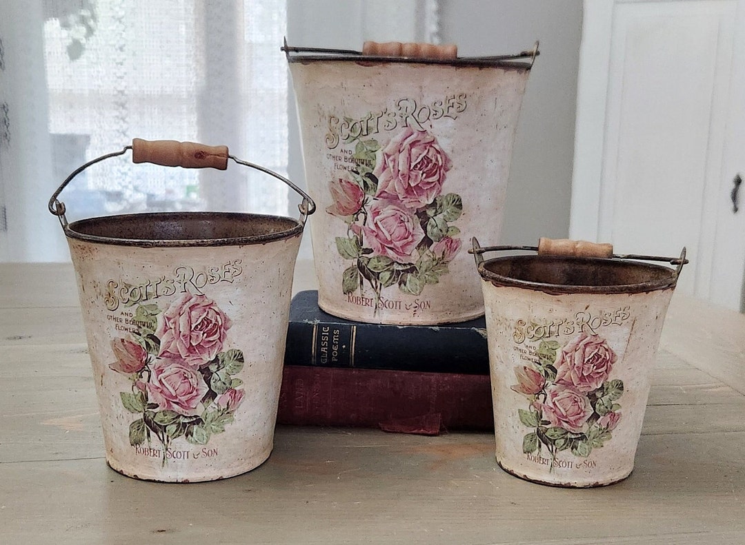 Vintage Set of 3 Metal Tin Pails With Handle Scott's Roses Shabby Chic ...