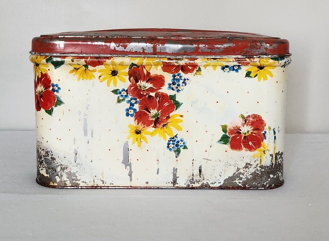 Vintage Metal Bread Box Red Yellow Blue Flowers Distressed White Hinged ...