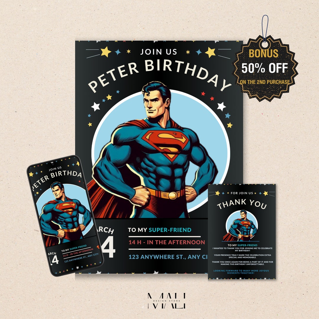 Plantilla editable de invitación de cumpleaños de Superman para niños ...