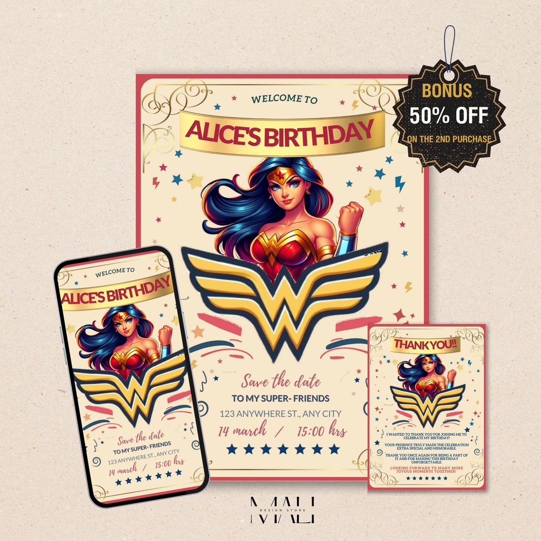Editable Wonder Woman Birthday Invitation Template for Women Superhero ...