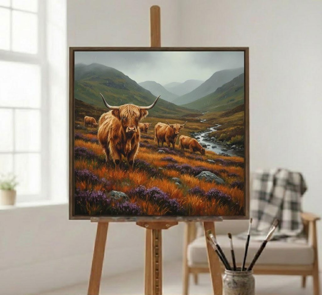 Highland Cow Oil Painting, Heilan Coo Scottish Highlands Landscape ...