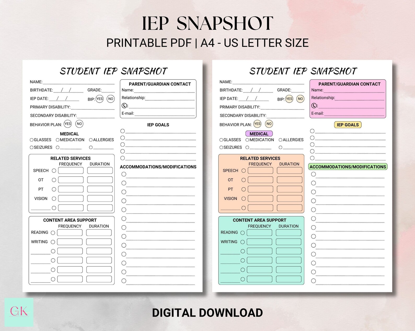 IEP Snapshot Page|special Education Printable|iep Summary Sheets|iep ...