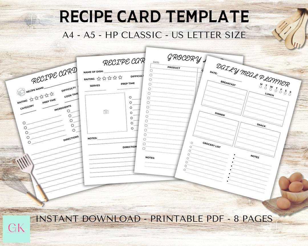 Recipe Card Template|printable Recipe Card|recipe Book Printable|recipe ...