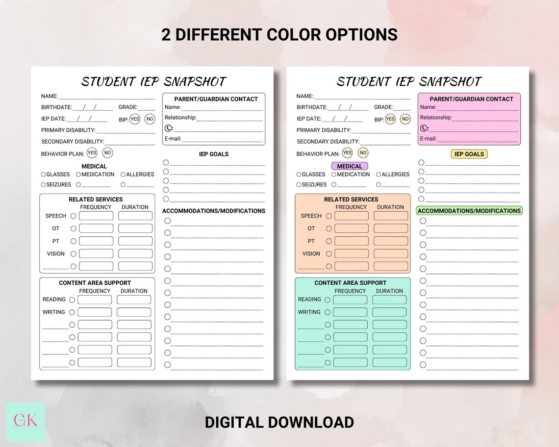 IEP Snapshot Page|special Education Printable|iep Summary Sheets|iep ...