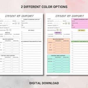 IEP Snapshot Page|special Education Printable|iep Summary Sheets|iep ...