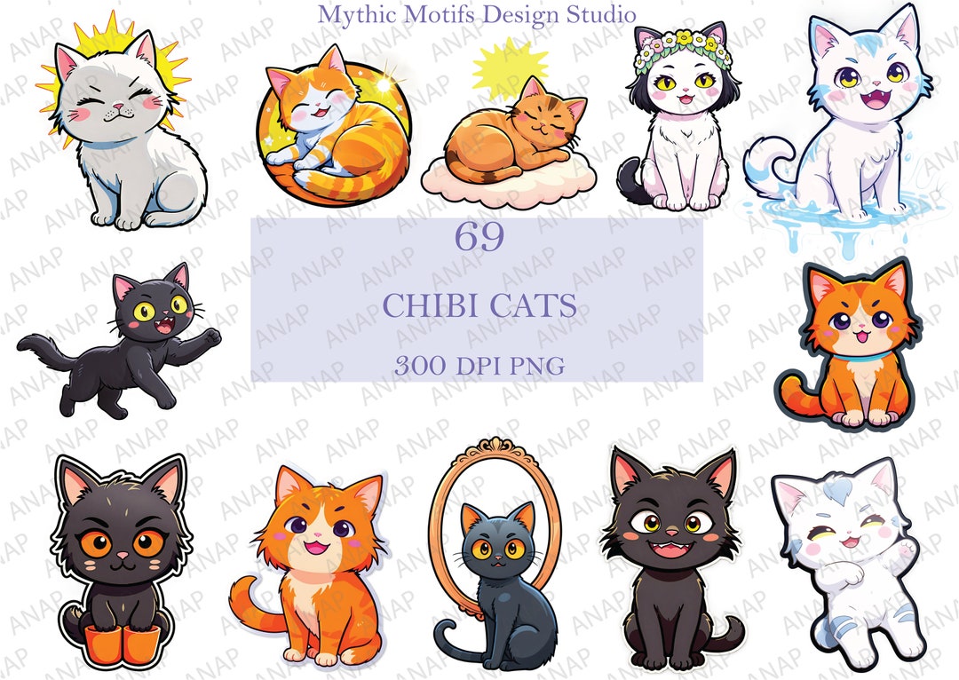 Chibi Cute Fat Cat Bundle Kawaii 300 DPI Pngs Sassy Sarcastic Colorful ...