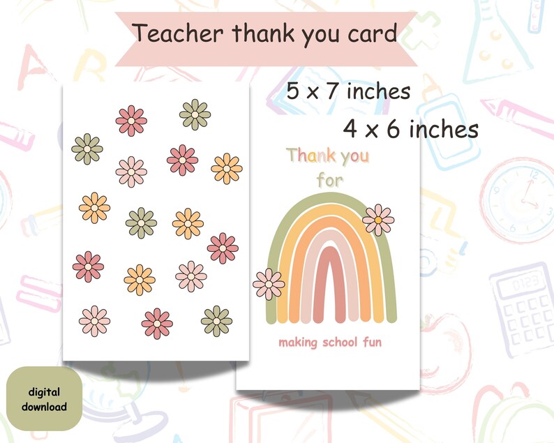 Teacher Thank You Card, Printable Appreciation, Gift, Digital Instant ...