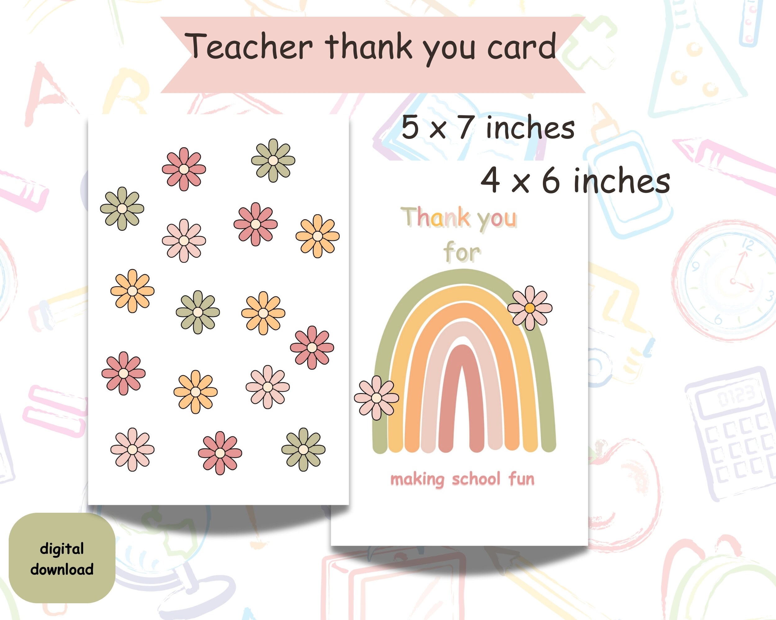 Teacher Thank You Card, Printable Appreciation, Gift, Digital Instant ...