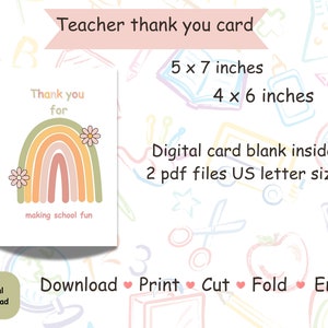 Teacher Thank You Card, Printable Appreciation, Gift, Digital Instant ...