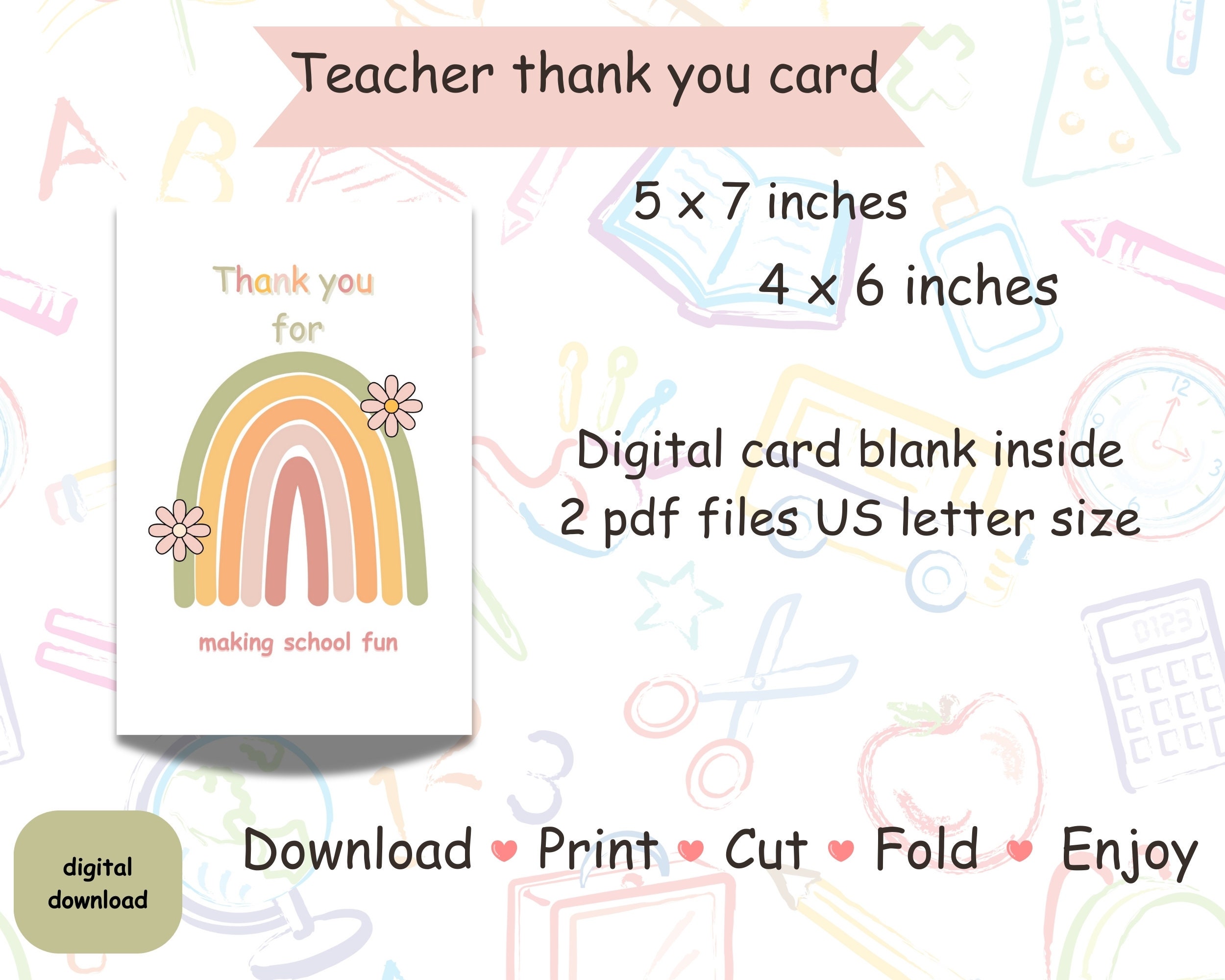 Teacher Thank You Card, Printable Appreciation, Gift, Digital Instant ...