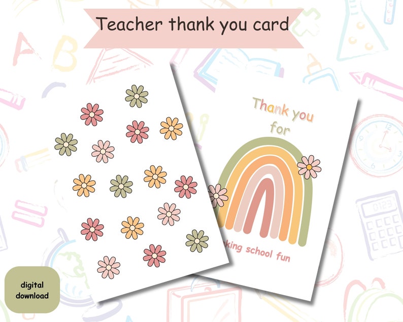 Teacher Thank You Card, Printable Appreciation, Gift, Digital Instant ...