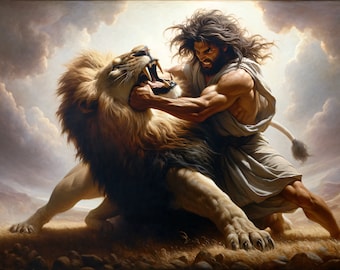 Samson's Valor Lion Battle Art Biblical Strength Biblical Hero Samson ...