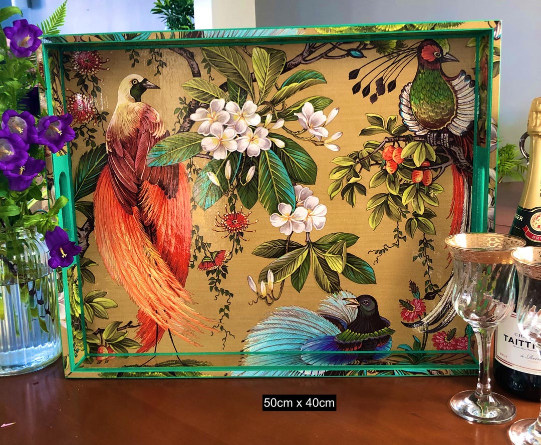 Ottoman Tray With Song Bird - Solid Wood Extra Large Oversized Handmade ...