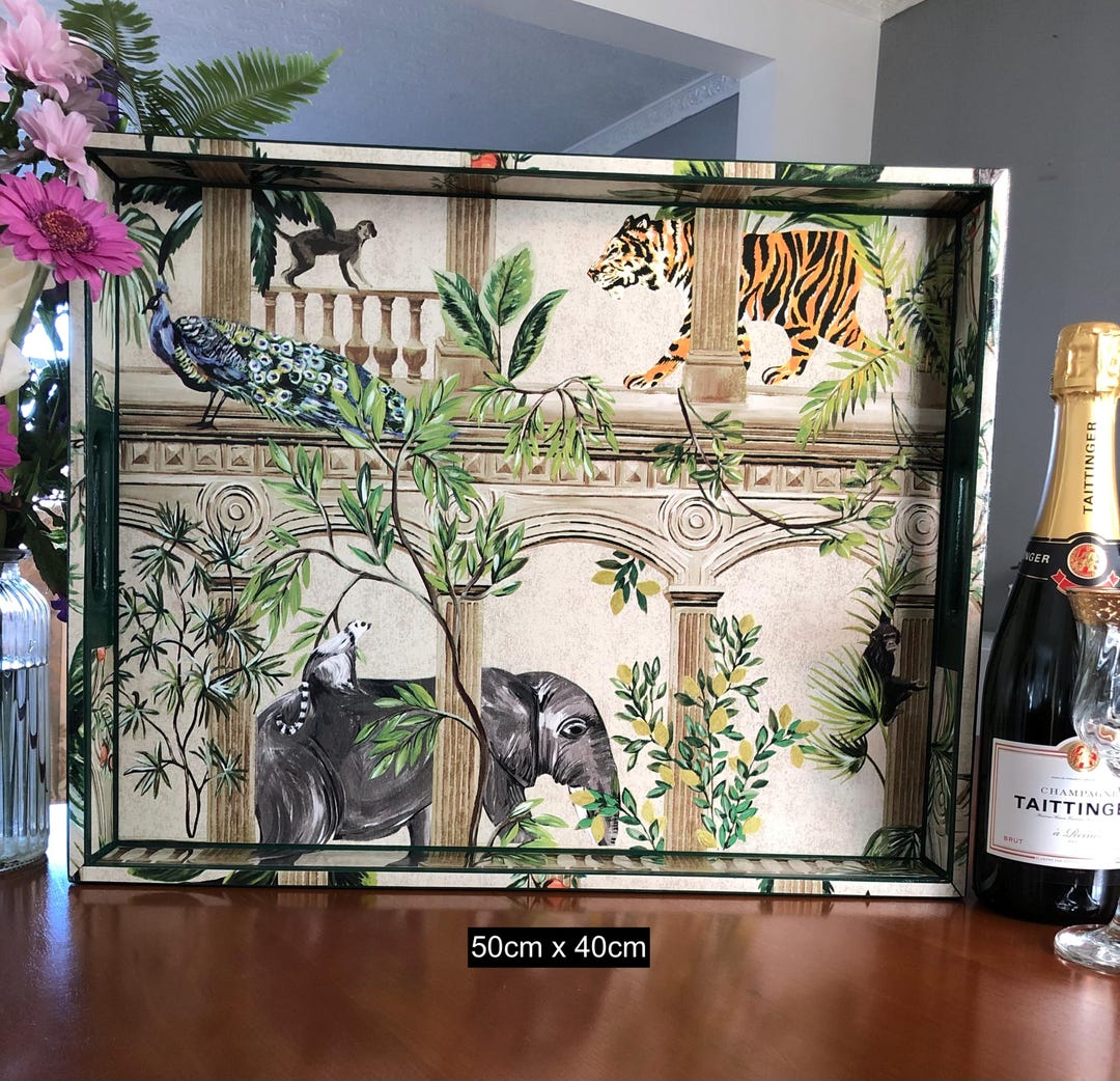 Ottoman Tray Featuring Tropical Jungle Animals. Solid Wood Extra Large ...