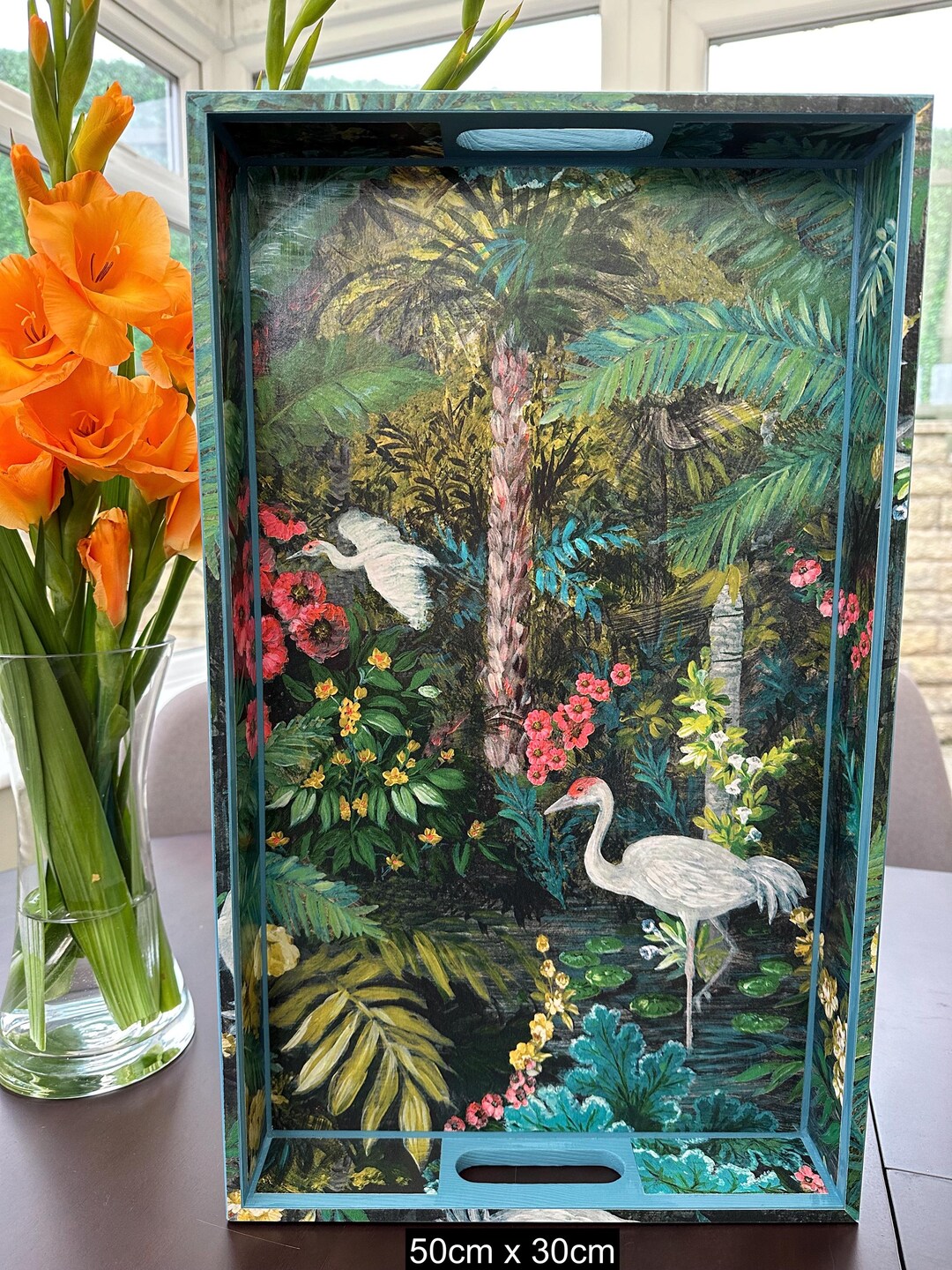 Ottoman Tray With Tropical Birds. Solid Wood Extra Large Handmade ...