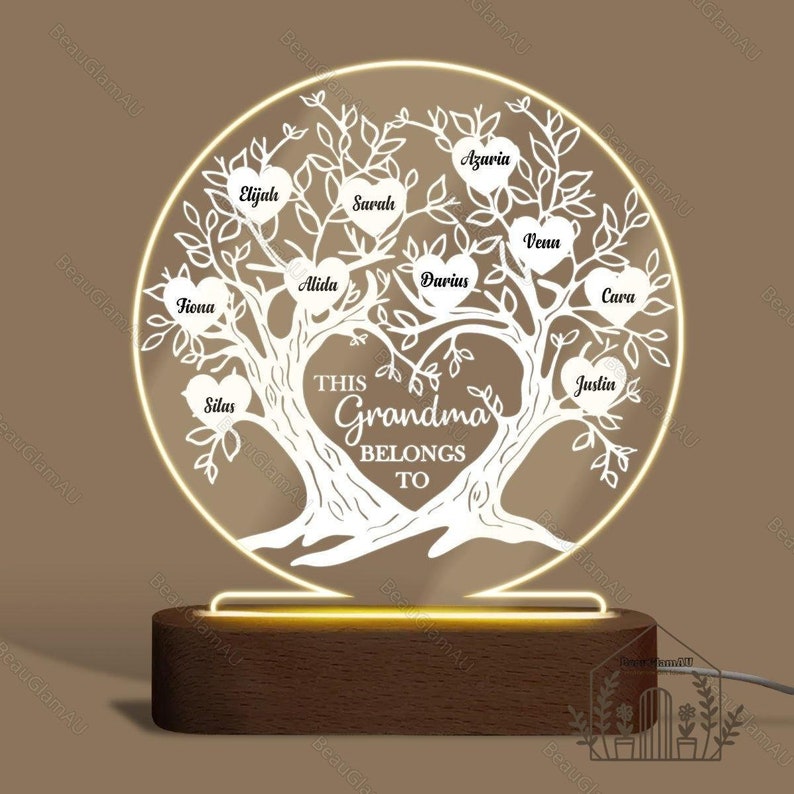 Personalized Family Tree Night Light, Personalized Round Acrylic LED ...