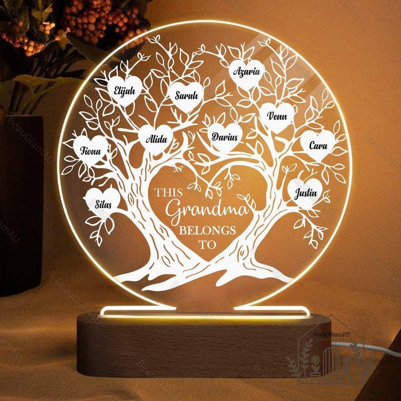 Personalized Family Tree Night Light, Personalized Round Acrylic LED ...
