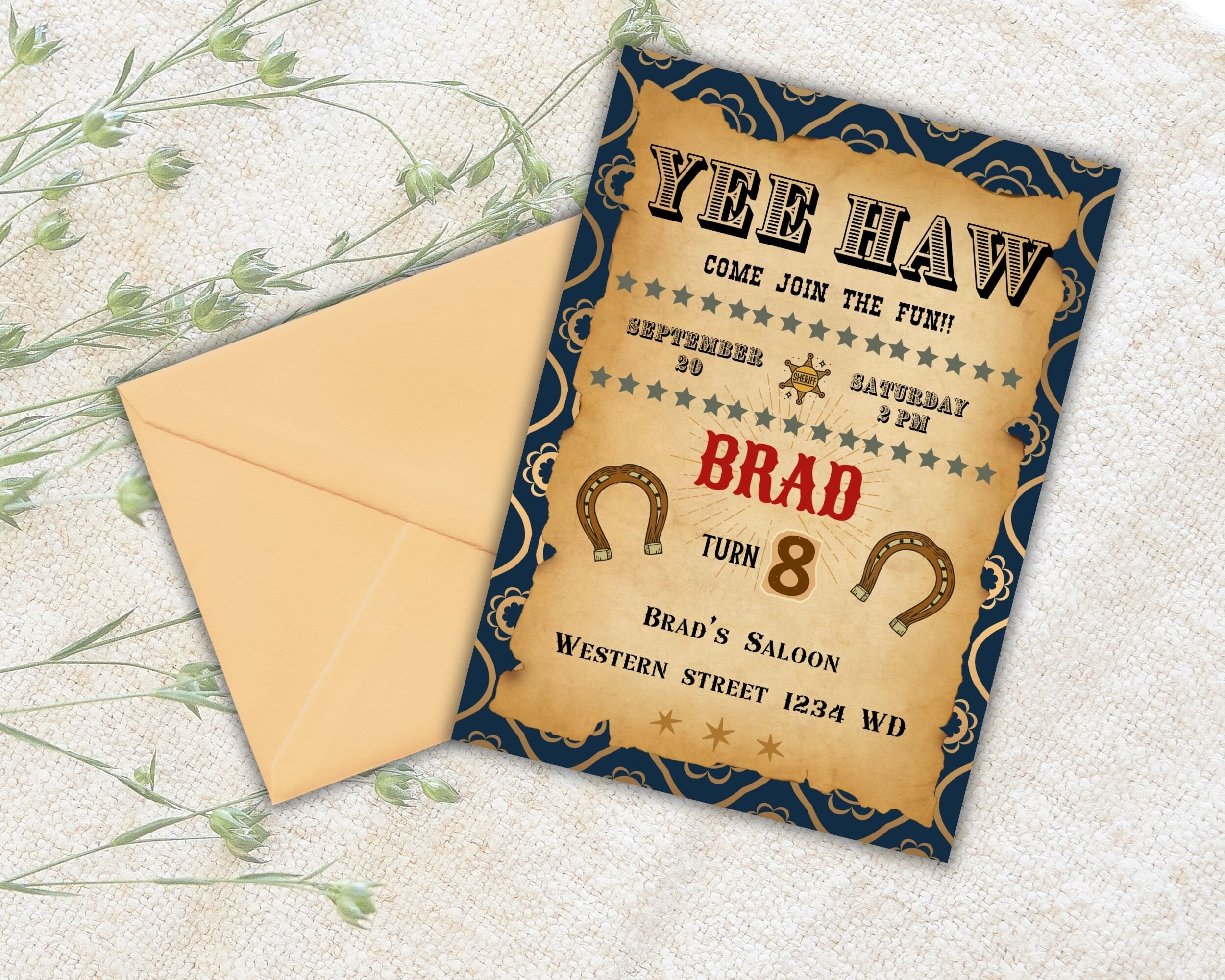 Digital Cowboy Birthday Invitation Card, Western Birthday Invite, Boy ...