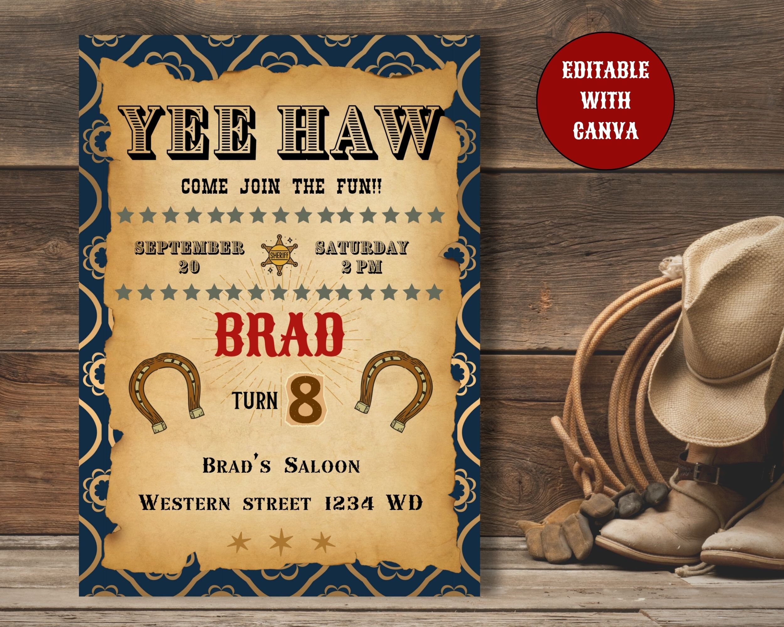 Digital Cowboy Birthday Invitation Card, Western Birthday Invite, Boy ...