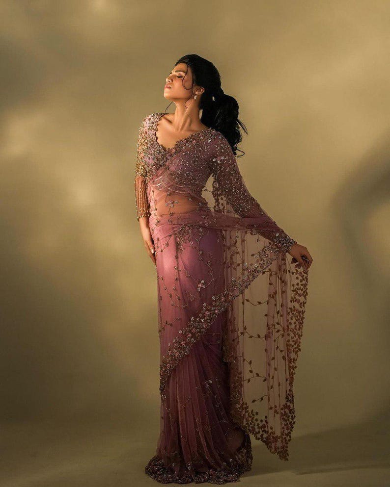 Embroidered Soft Net Saree: Bollywood Party Wear, Indian Wedding Sari ...