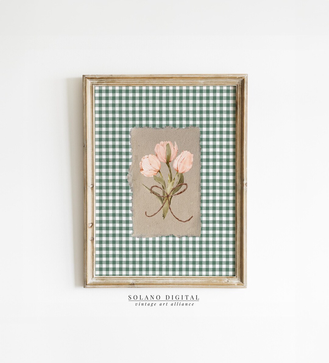 Green Gingham Pink Flower Print Digital Downloadable Wall Art Trendy ...
