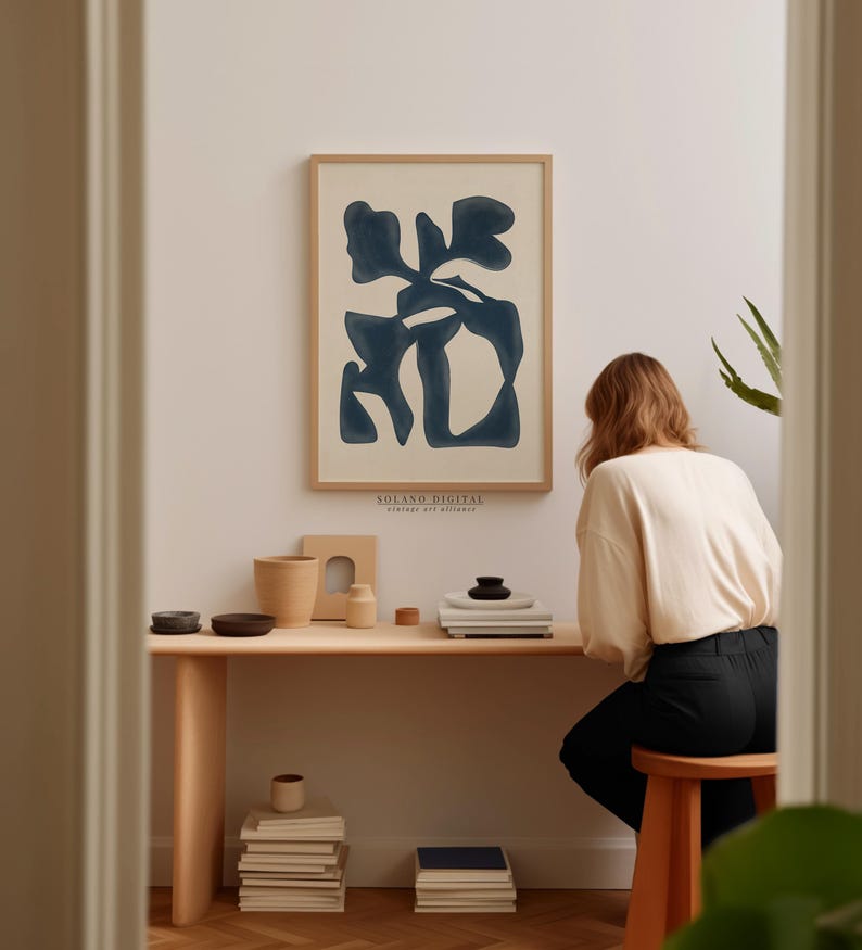 Navy Blue Abstract Organic Shapes Print: Boho Modern Wall Art (digital ...