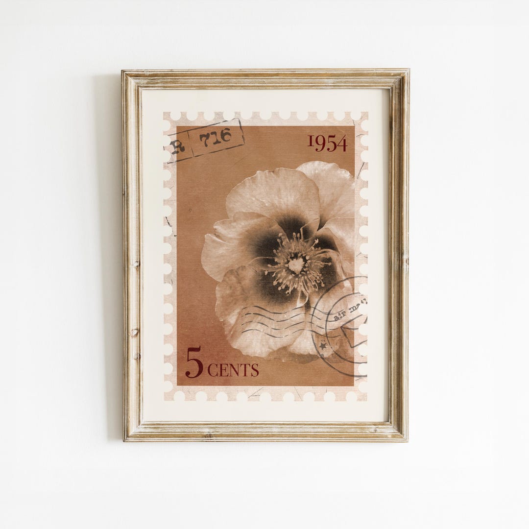 Vintage Poppy Stamp Printable Art, Sepia Botanical Wall Decor, Antique ...