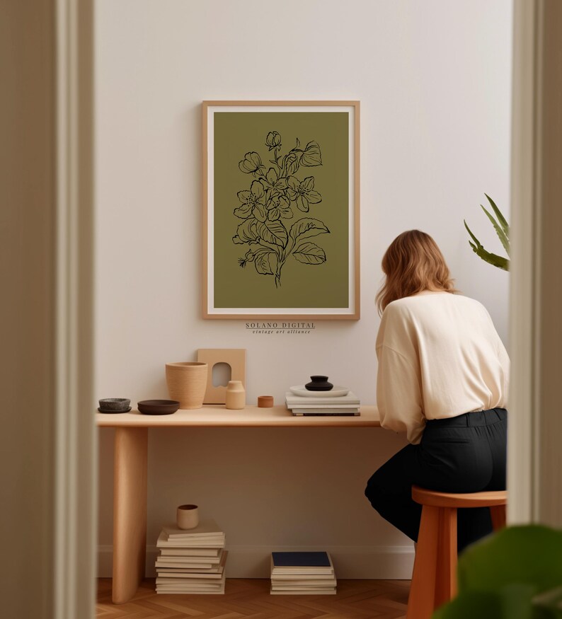 Vintage Botanical Flower Line Art Print: Olive Green (Digital Download ...
