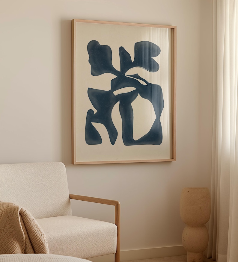 Navy Blue Abstract Organic Shapes Print: Boho Modern Wall Art (digital ...
