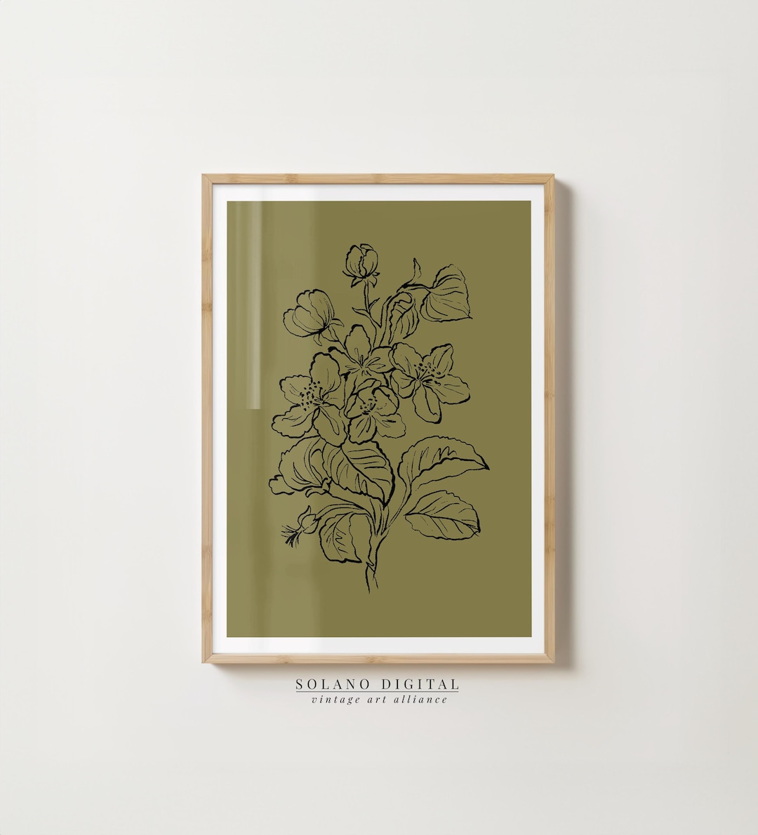 Vintage Botanical Flower Line Art Print: Olive Green (Digital Download ...
