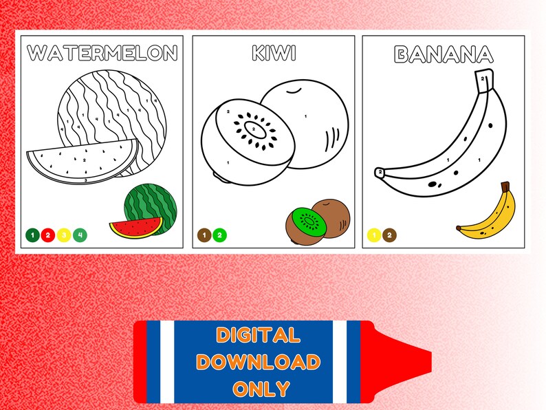 Fruits and Vegetables Color by Number Coloring Pages for Kids, Fruits ...