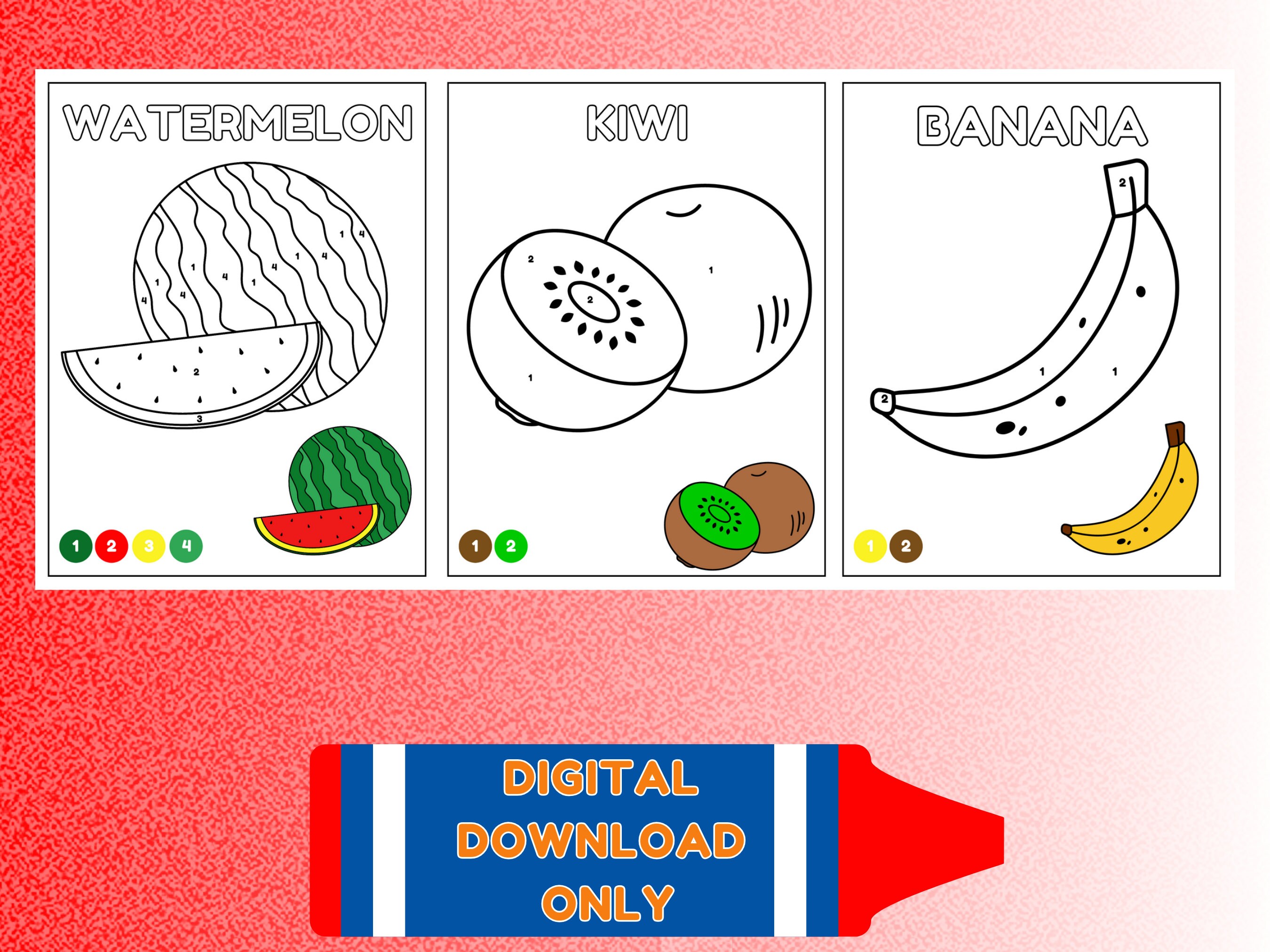 Fruits and Vegetables Color by Number Coloring Pages for Kids, Fruits ...